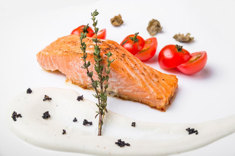 Grilled Salmon with Garlic and Herb Stock Image - Image of filet, basil ...