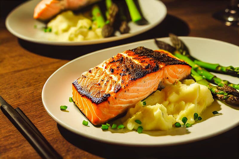 Grilled Salmon with Mashed Potatoes Stock Image - Image of abstract ...