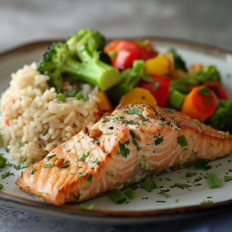 Grilled Salmon with Rice Pilaf and Steamed Vegetables Stock Image ...
