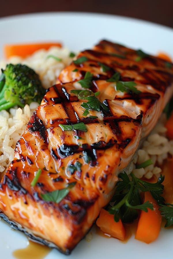 Grilled Salmon with Rice Pilaf and Steamed Vegetables Stock Photo ...