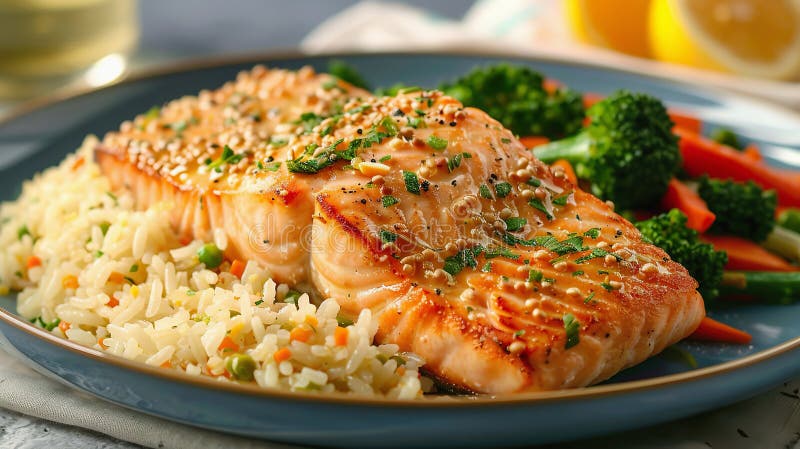 Grilled Salmon with Rice Pilaf and Steamed Vegetables Stock Image ...