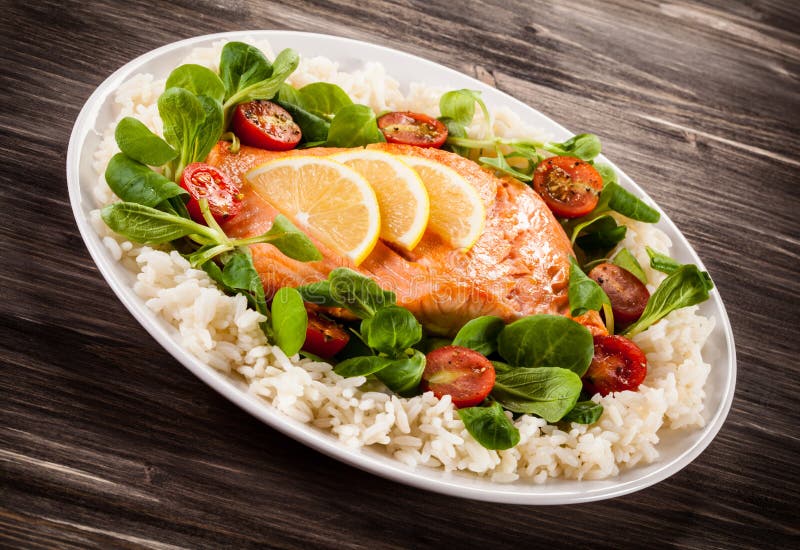 Grilled Salmon, Rice and Vegetables Stock Image - Image of colored ...