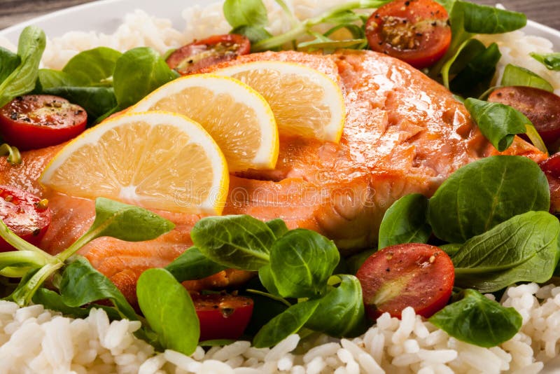 Grilled Salmon, Rice and Vegetables Stock Image - Image of horizontal ...