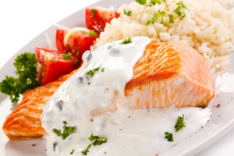 Grilled Salmon, Rice and Vegetables Stock Image - Image of grilled ...