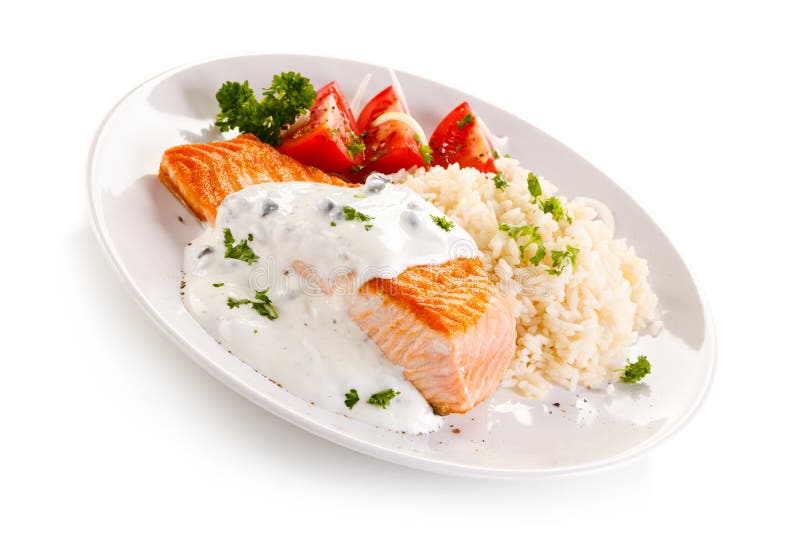 Grilled Salmon, Rice and Vegetables Stock Image - Image of lemon ...
