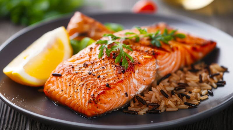 Grilled Salmon Served with Wild Rice and a Lemon Wedge on a Plate Stock ...