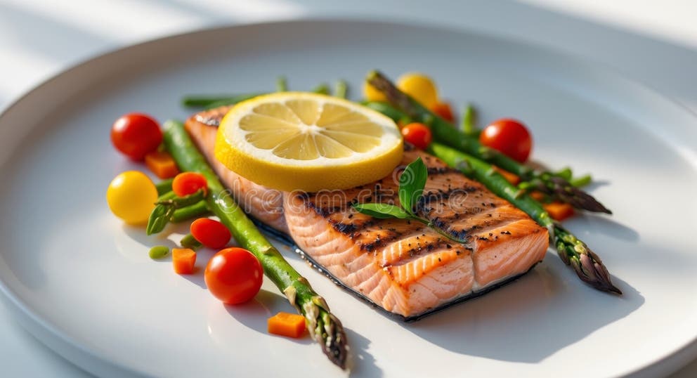 Grilled Salmon Steak with Lemon and Vegetables Stock Photo - Image of ...