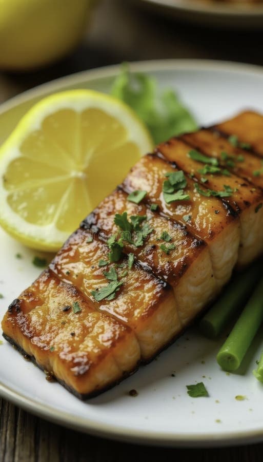 Grilled Salmon Steak with Lemon Wedges on the Side, Lemon, Plate Stock ...