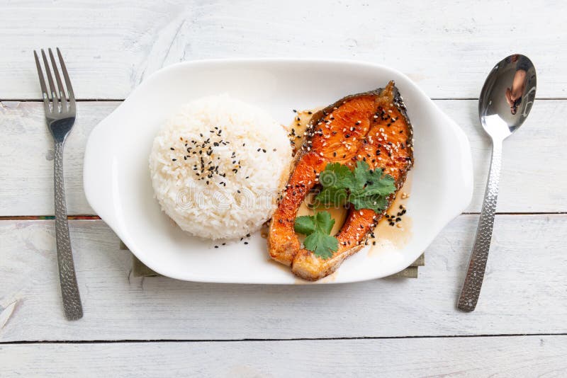 Grilled Salmon with Steamed Rice Stock Image - Image of concept, copy ...