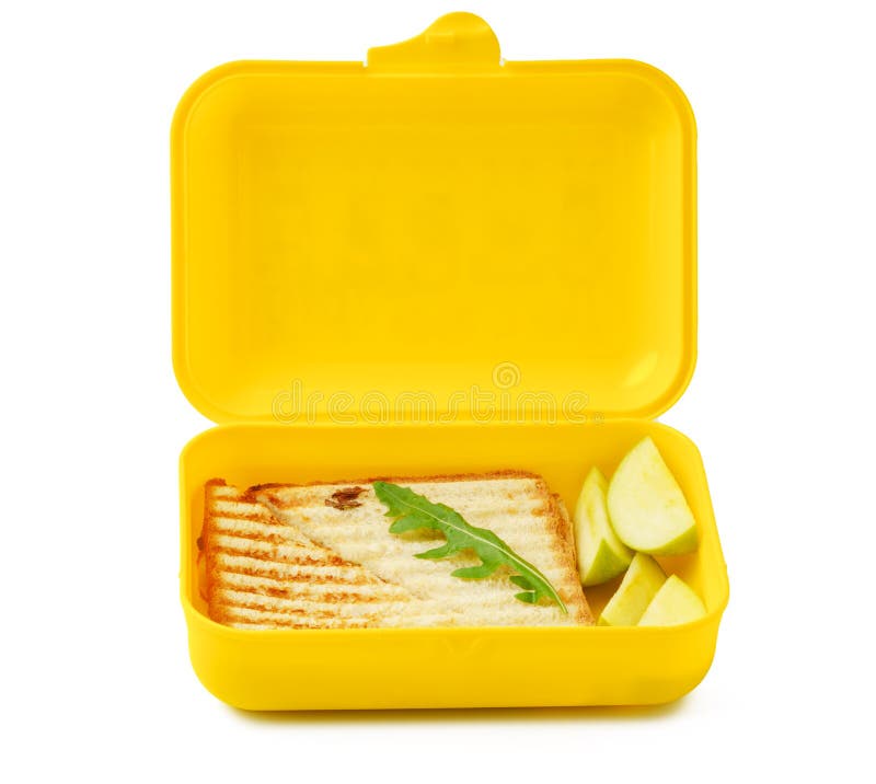 Grilled Sandwich in Yellow Plastic Lunchbox Isolated on White Stock ...