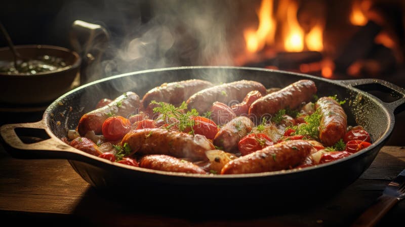 Grilled Sausage in a Frying Pan on the Table. Generative AI Stock ...