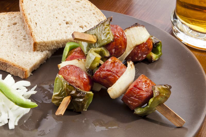 Grilled sausage on spit stock image. Image of cholesterol - 39061989