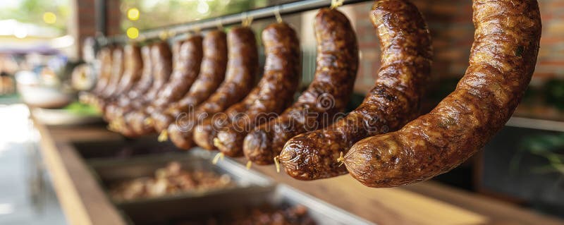 Grilled Sausages Hanging on String, Outdoor Kitchen with Blurred ...