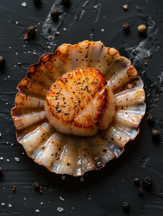 Grilled Scallop Served in Its Shell on a Black Background Stock Image ...