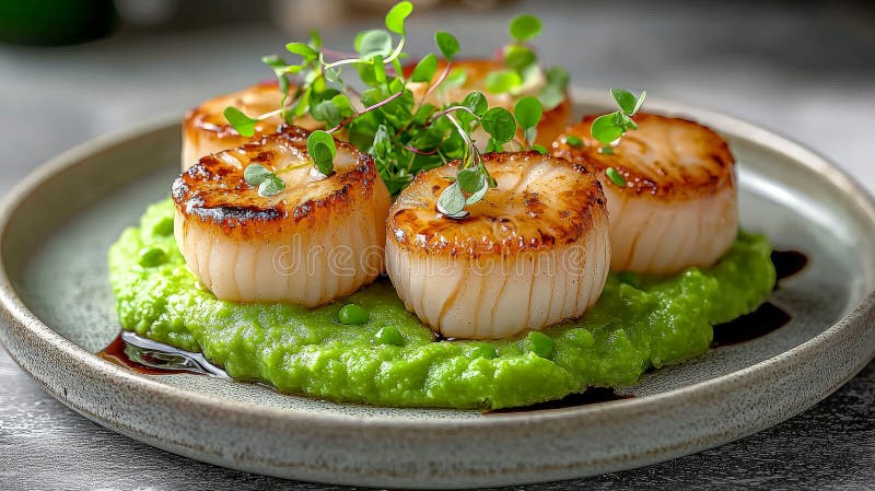 Grilled Scallops with Pea Puree Stock Image - Image of eating, healthy ...
