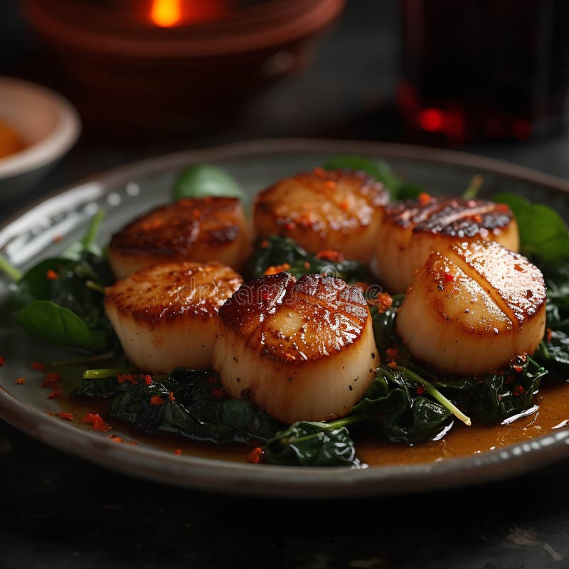 Grilled Scallops with Spinach on a Plate, Closeup Stock Illustration ...