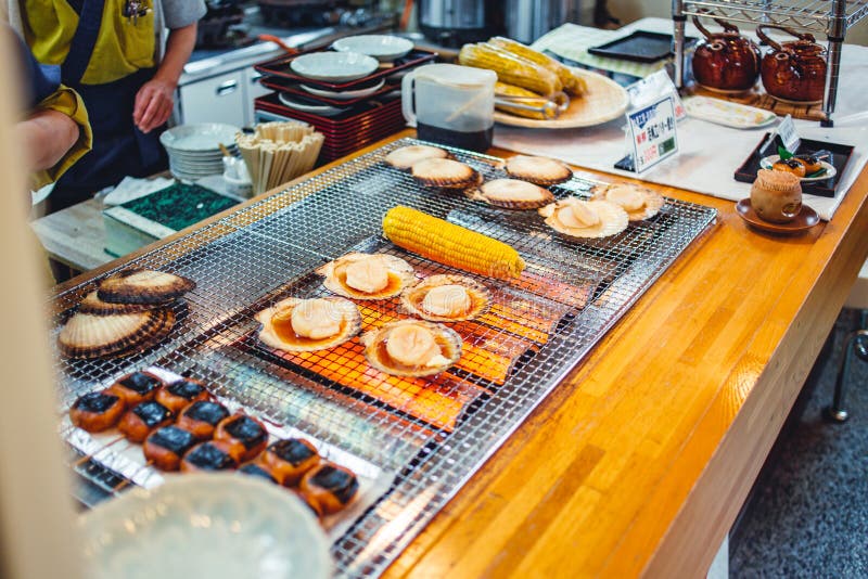 Grilled Seafood and Corn in Japanese Snack Bar Stock Photo - Image of ...
