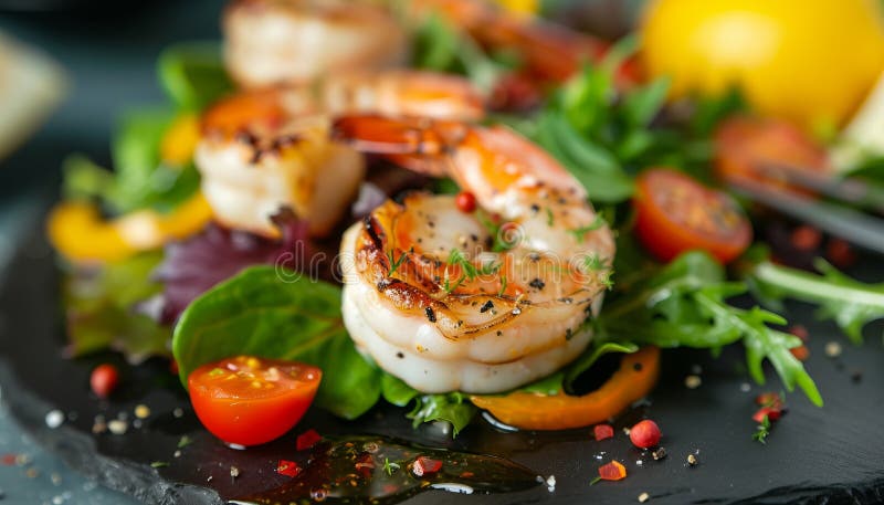 Grilled Seafood Fillet On Fresh Salad Healthy Gourmet Lunch Stock Illustration Illustration