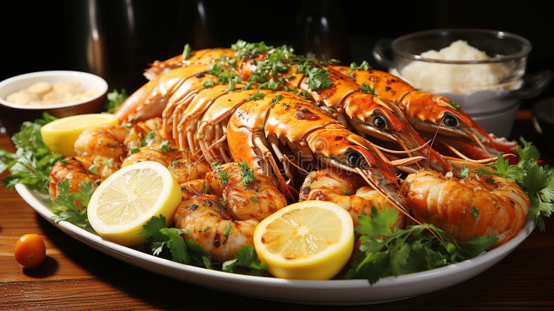 Grilled Seafood Plate with Prawns Crab and Steamed Scampi Stock Photo ...
