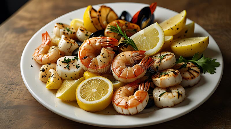Grilled Seafood Platter with Shrimp Scallops Stock Illustration ...