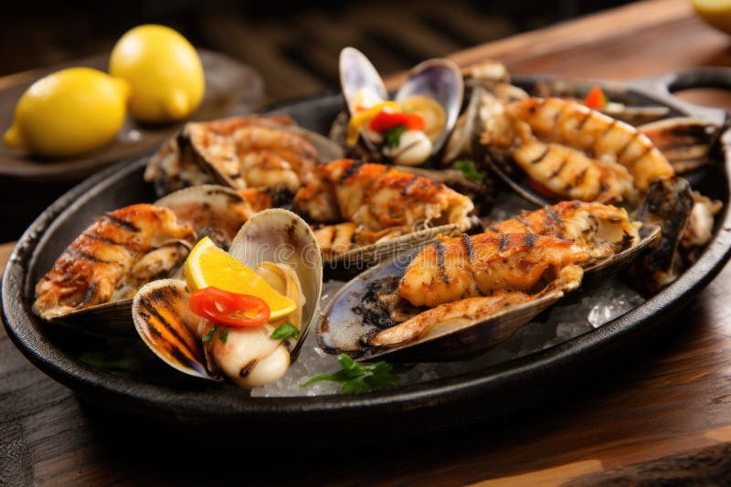 Grilled Shellfish Served on a Metal Plate Stock Image - Image of ...