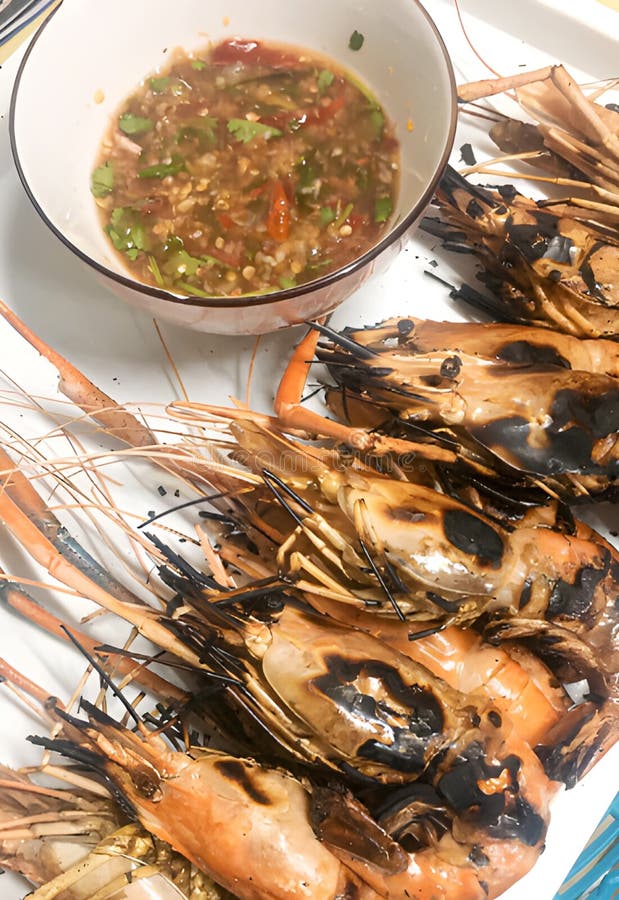 Grilled Shrimp on White Dish with Sauce Stock Photo - Image of sauce ...