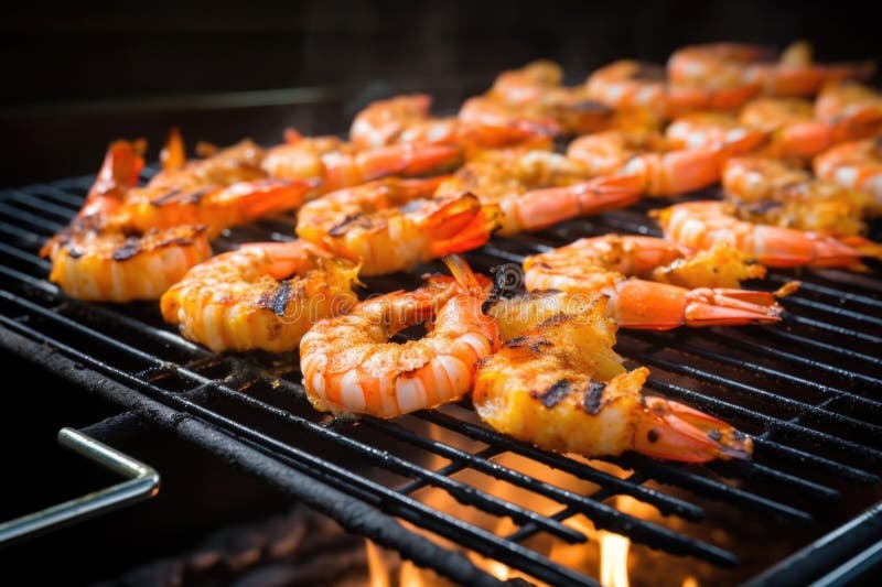 Grilled Shrimp on a Blackened Grill Rack Under Natural Light Stock ...