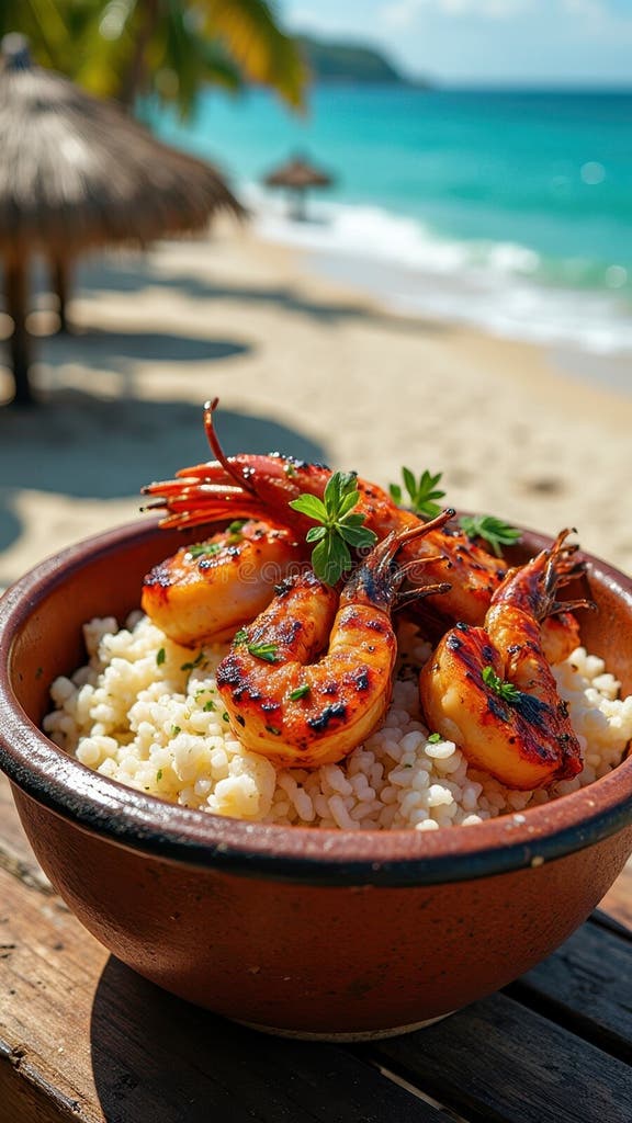 Grilled Shrimp on Couscous by the Seaside Beach Scene Stock Image ...