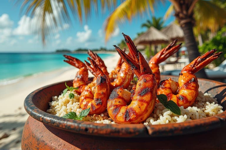 Grilled Shrimp on Couscous by Tropical Beach Scene Stock Photo - Image ...