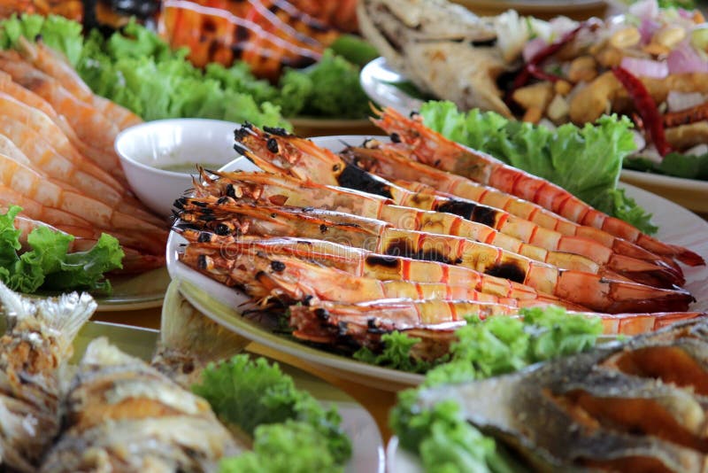 Grilled Shrimp on Dining Table Stock Photo - Image of barbecue, gourmet ...