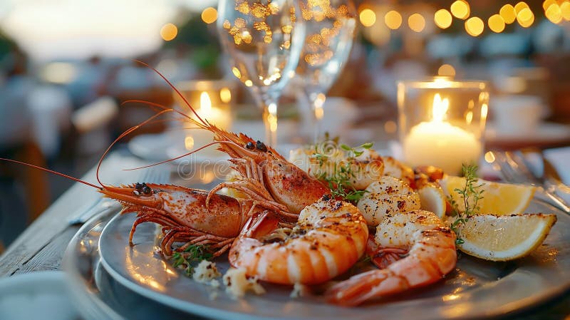 Grilled Shrimp Dinner on Beach Restaurant Table at Sunset Stock ...