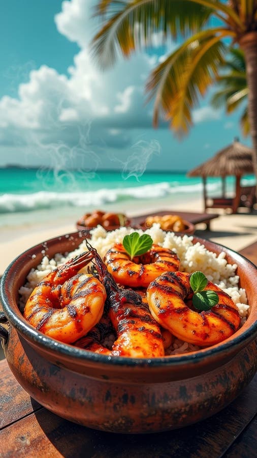 Grilled Shrimp and Rice Dish by Tropical Beach with Palm Trees and ...