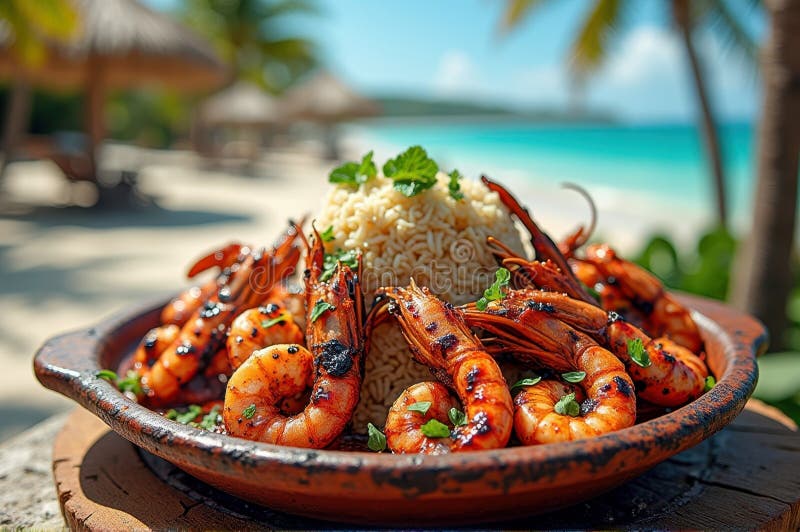 Grilled Shrimp Rice Herbs Tropical Beach Setting Stock Photos - Free ...