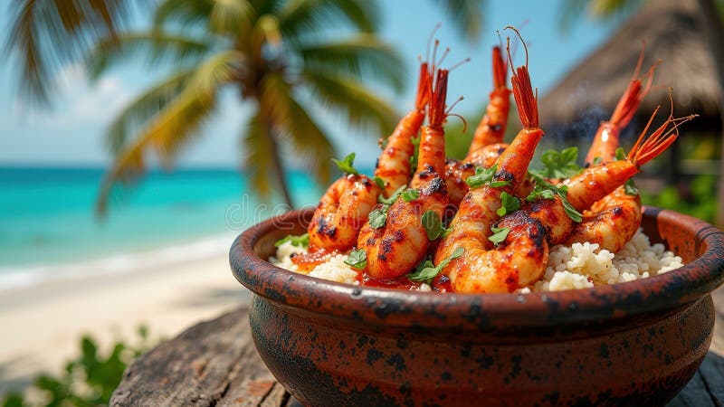 Grilled Shrimp with Rice on Tropical Beach Stock Image - Image of trees ...