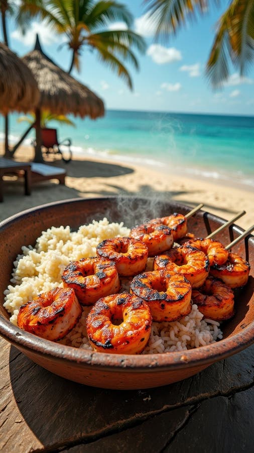 Grilled Shrimp and Rice on Tropical Beach with Palm Trees and Ocean ...