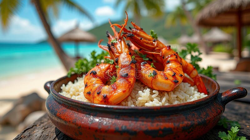 Grilled Shrimp on Rice with Tropical Beach Setting Stock Photo - Image ...