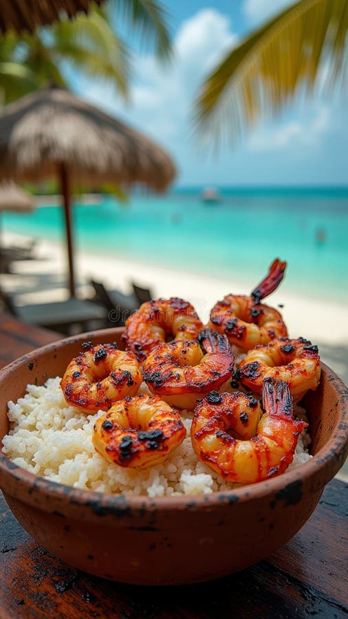 Grilled Shrimp Rice Tropical Beach Setting Palm Trees Ocean View Stock ...