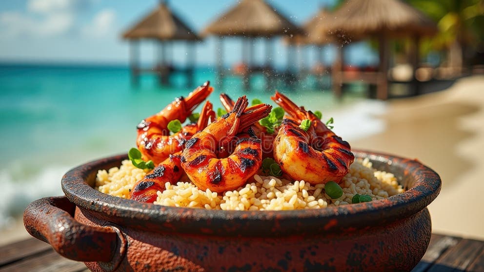 Grilled Shrimp on Rice by Tropical Beach with Straw Huts Stock Photo ...