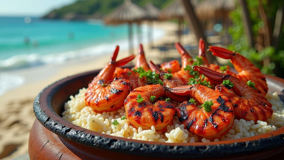 Grilled Shrimp on Rice by Tropical Beach with Umbrellas and Waves Stock ...