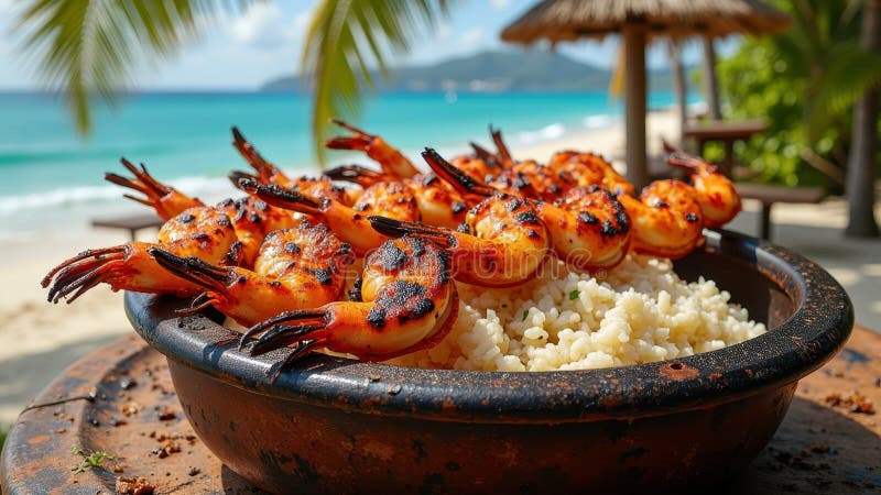 Grilled Shrimp on Rice with Tropical Beach View Stock Image - Image of ...