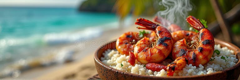 Grilled Shrimp on Rice: Tropical Beachfront Culinary Delight Stock ...