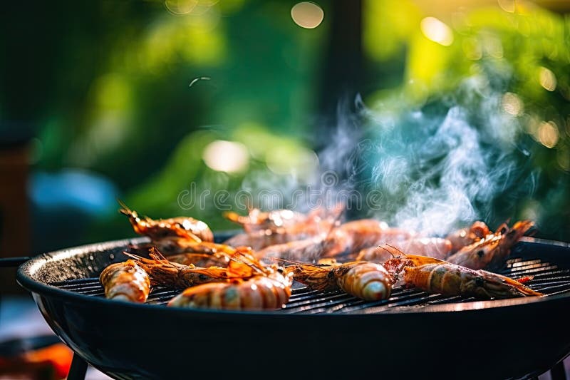Grilled Shrimp that S Being Cooked with Smoke on the Grill Stock ...