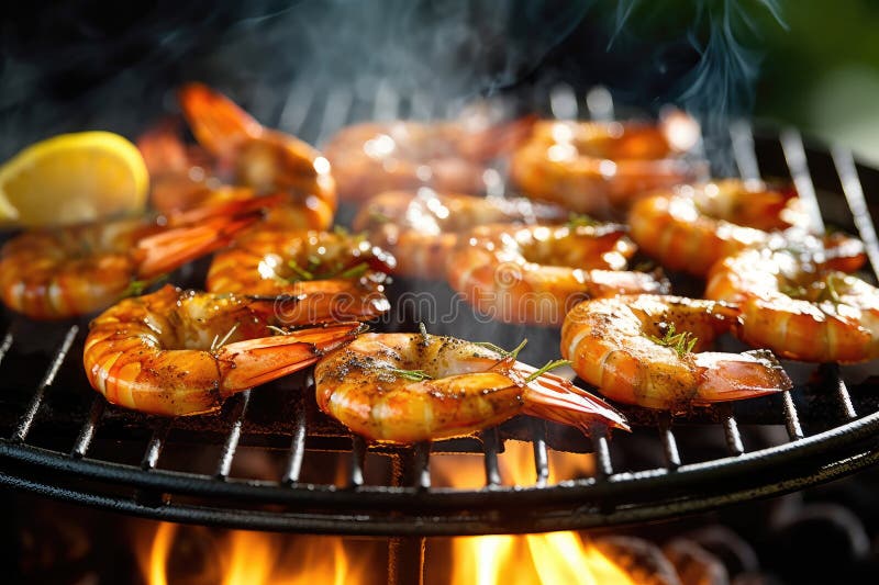 Grilled Shrimp that S Being Cooked with Smoke on the Grill Stock ...