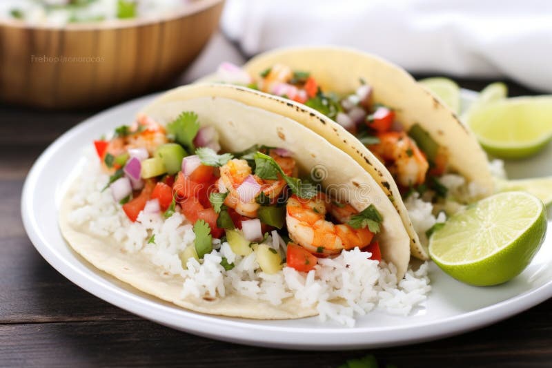 Grilled Shrimp Taco with Cilantro Lime Rice Stock Image - Image of lime ...