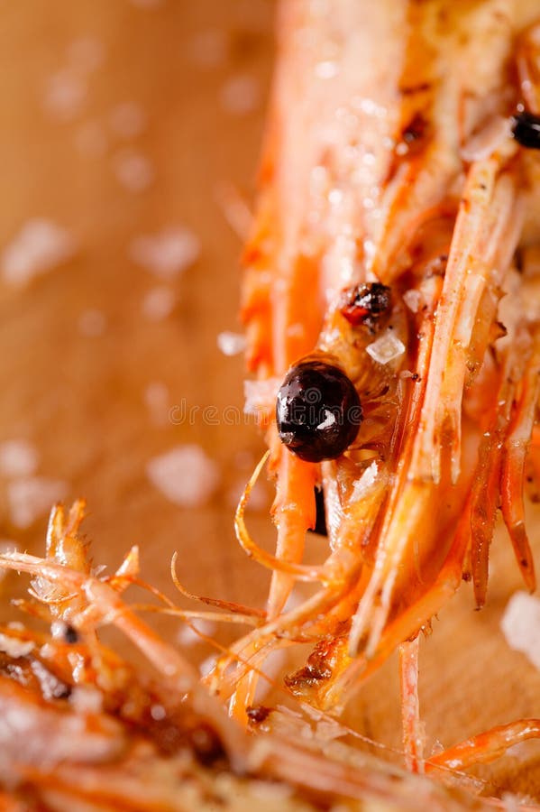 Grilled Shrimps Prawns with Salt Flakes Stock Photo - Image of wood ...