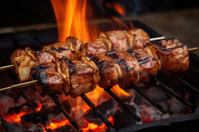 Grilled Skewer Over Open Flame, Top View Stock Photo - Image of ...