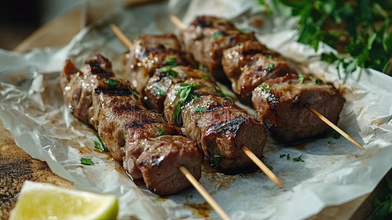 Grilled Skewers Wrapped in Parchment Paper on a Table. Stock Photo ...