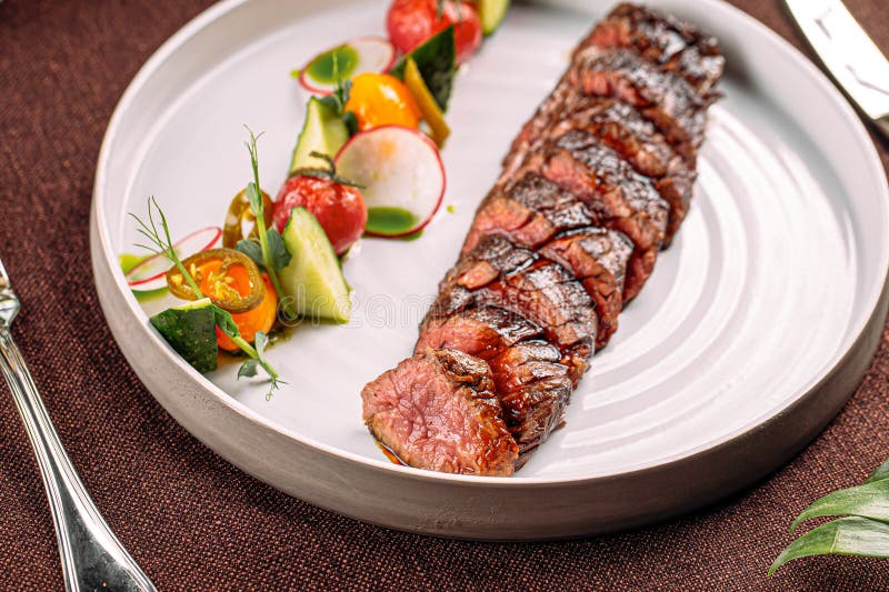 Grilled Sliced Beef Steak with Vegetable Stock Image - Image of ...