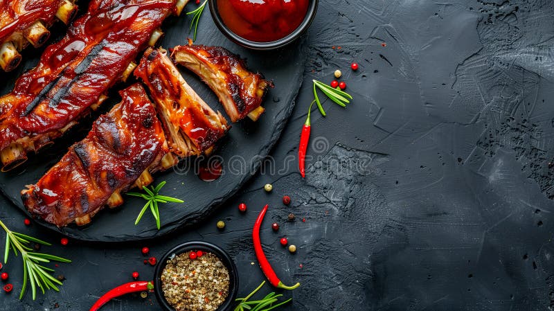 Grilled and Smoked Ribs with Barbeque Sauce on a Black Board Stock ...