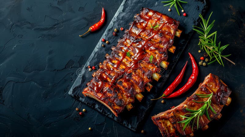 Grilled and Smoked Ribs with Barbeque Sauce on a Black Board Stock ...